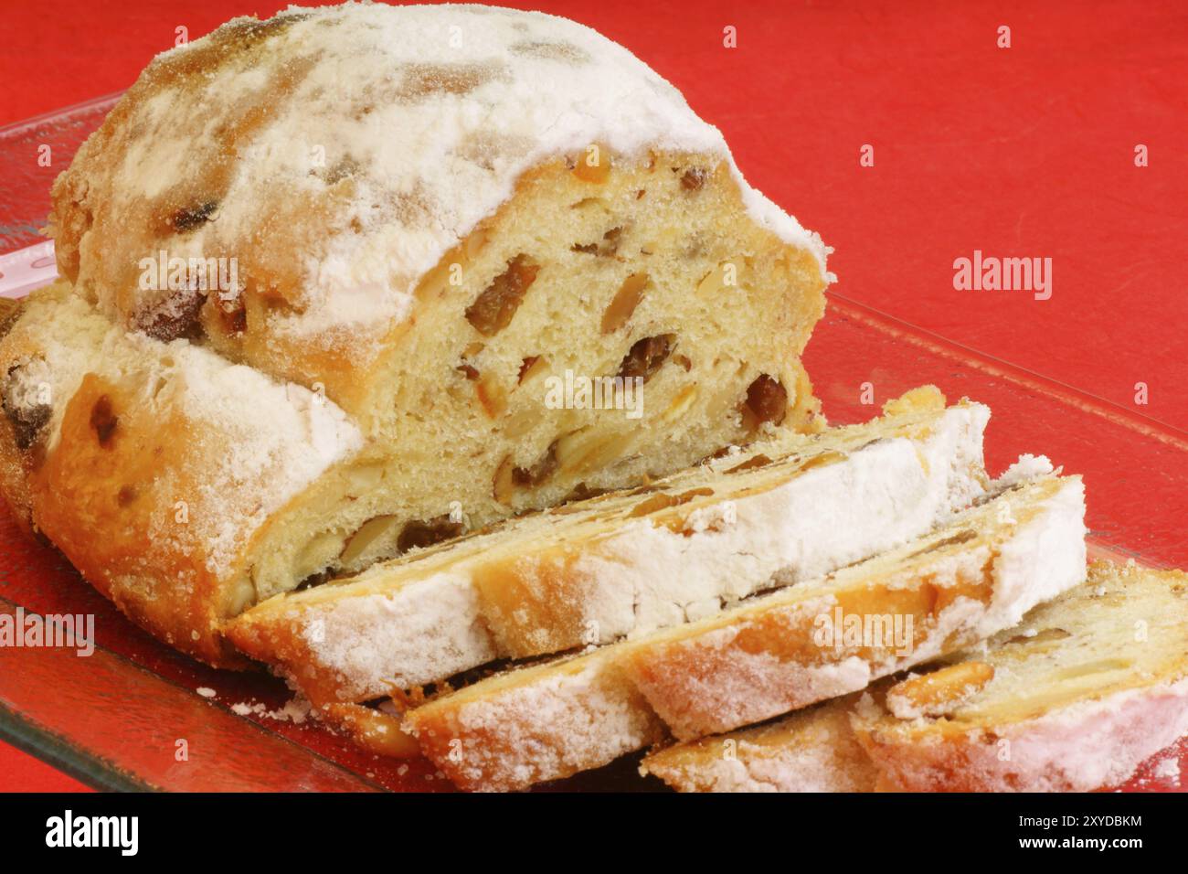 Sliced Christmas stollen the traditional german fruit cake made of ...