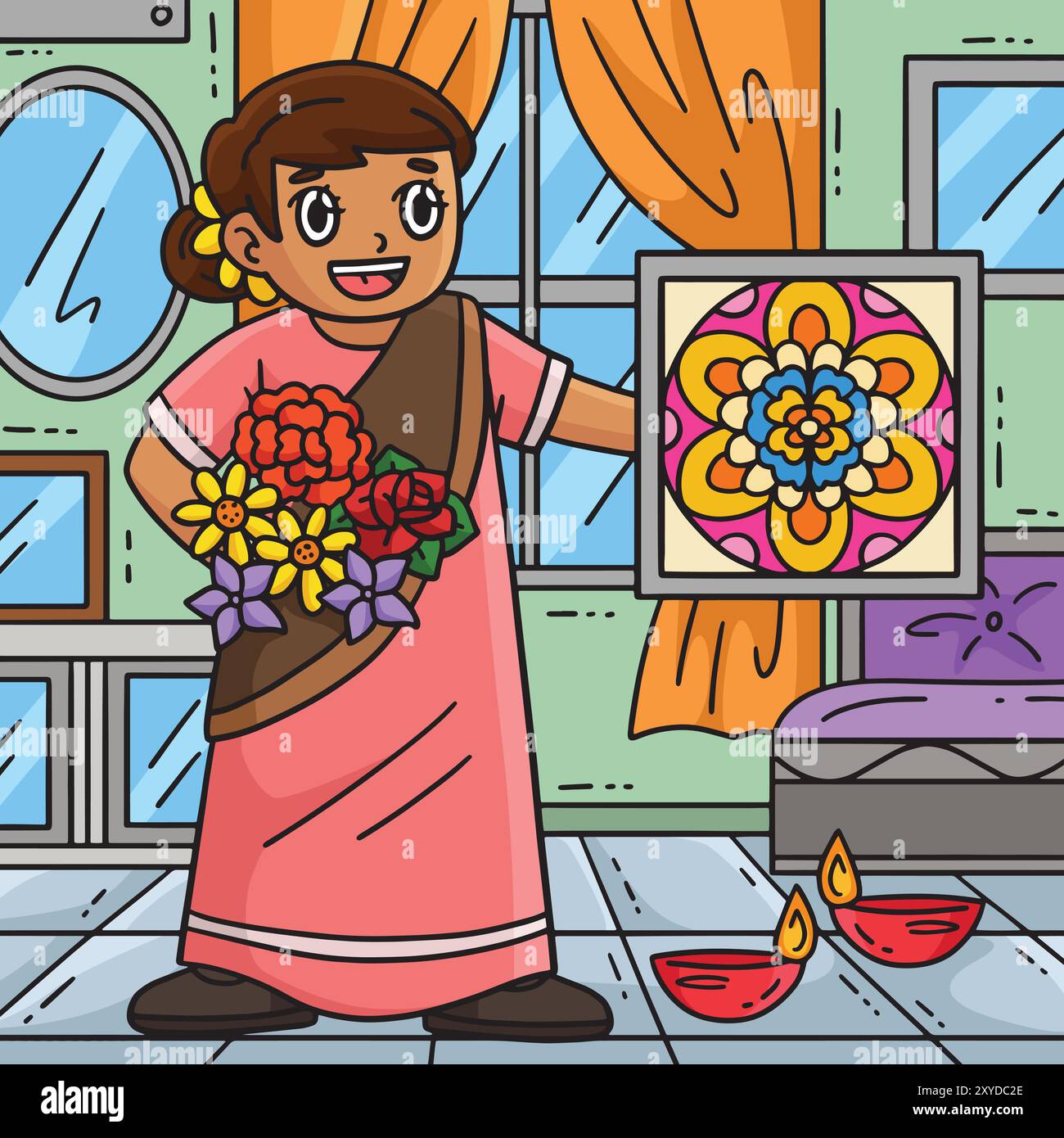 Diwali Girl with Flowers for Rangoli Colored Stock Vector Image & Art ...