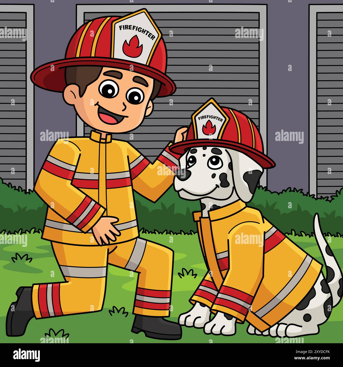 Firefighter Boy and Firefighter Dog Colored Stock Vector Image & Art ...