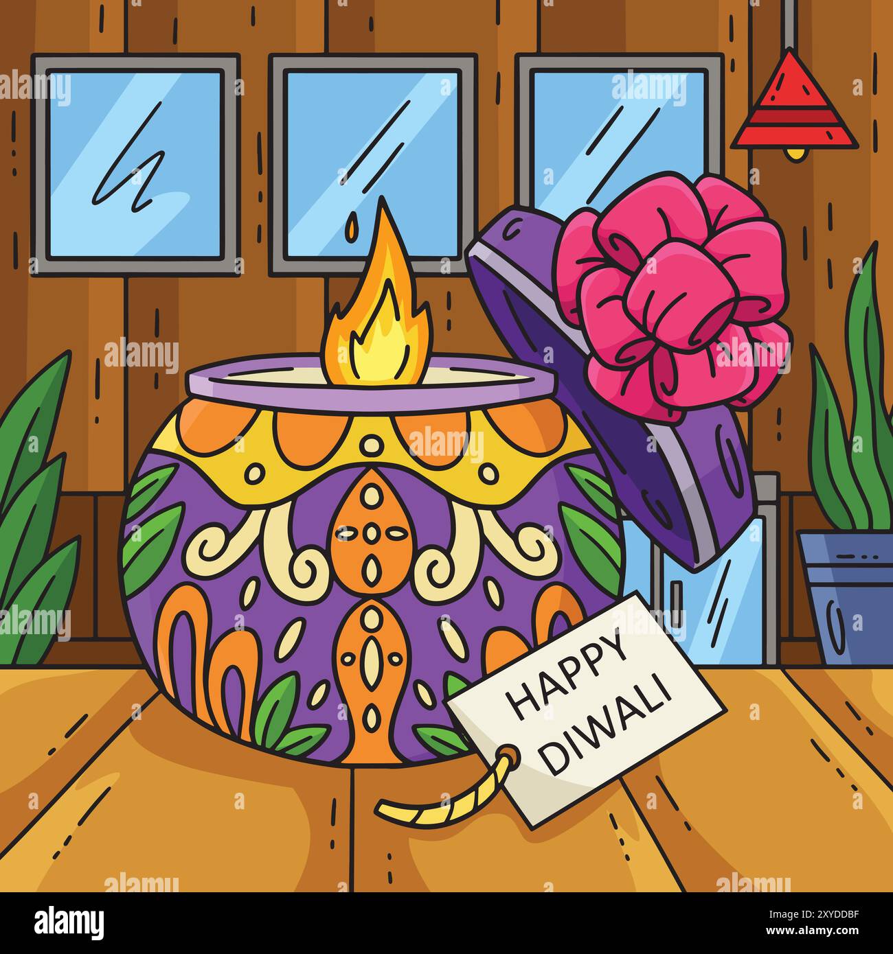 Diwali Candle Present Colored Cartoon Illustration Stock Vector Image ...