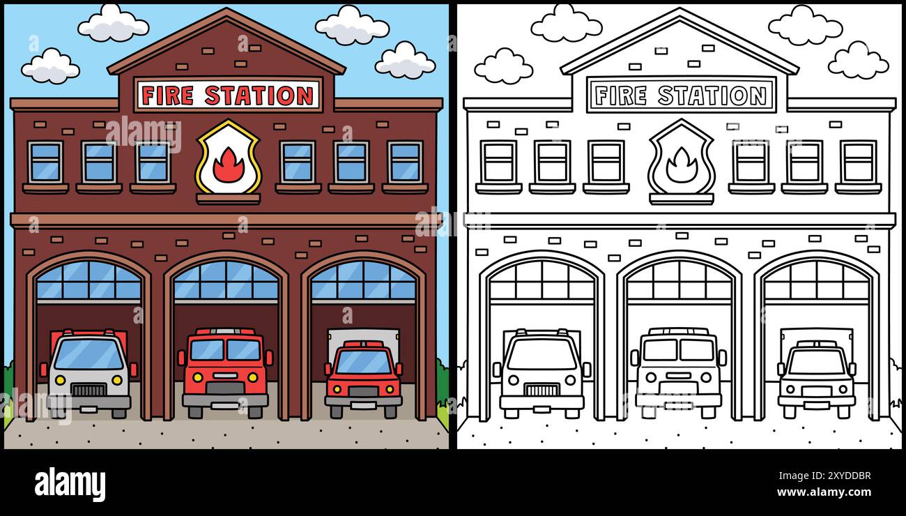 Fire Station Coloring Page Colored Illustration Stock Vector Image ...