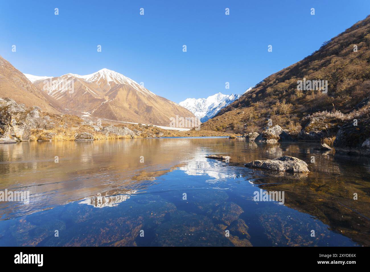 Thin layer of ice on a clear water, high altitude pond reflects snow ...