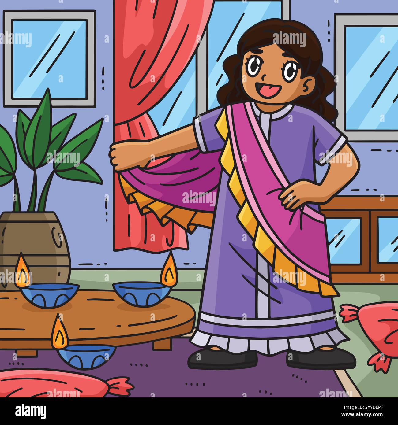 Diwali Child Putting on a Saree Colored Cartoon Stock Vector Image ...