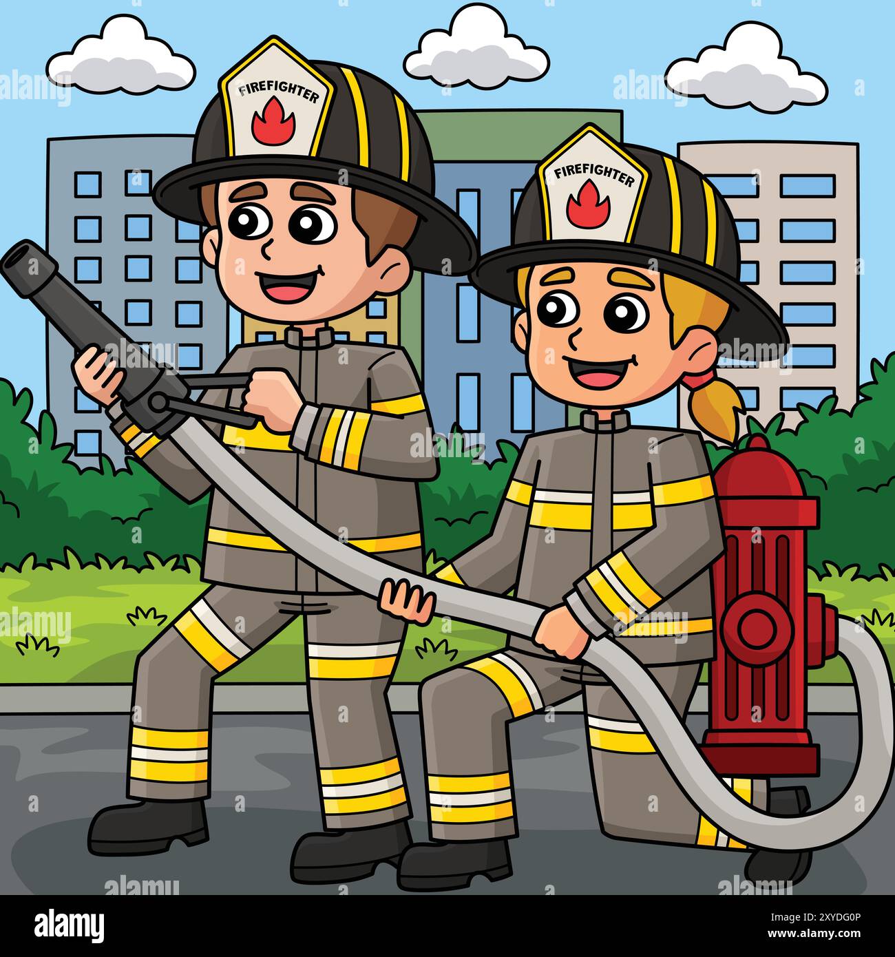 Firefighters with a Fire Hydrant Colored Cartoon Stock Vector Image ...