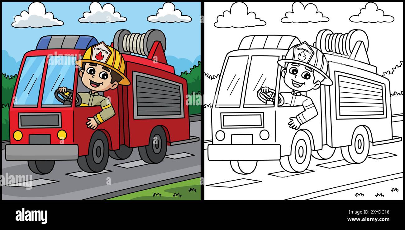 Firefighter Driving a Fire Truck Illustration Stock Vector Image & Art ...