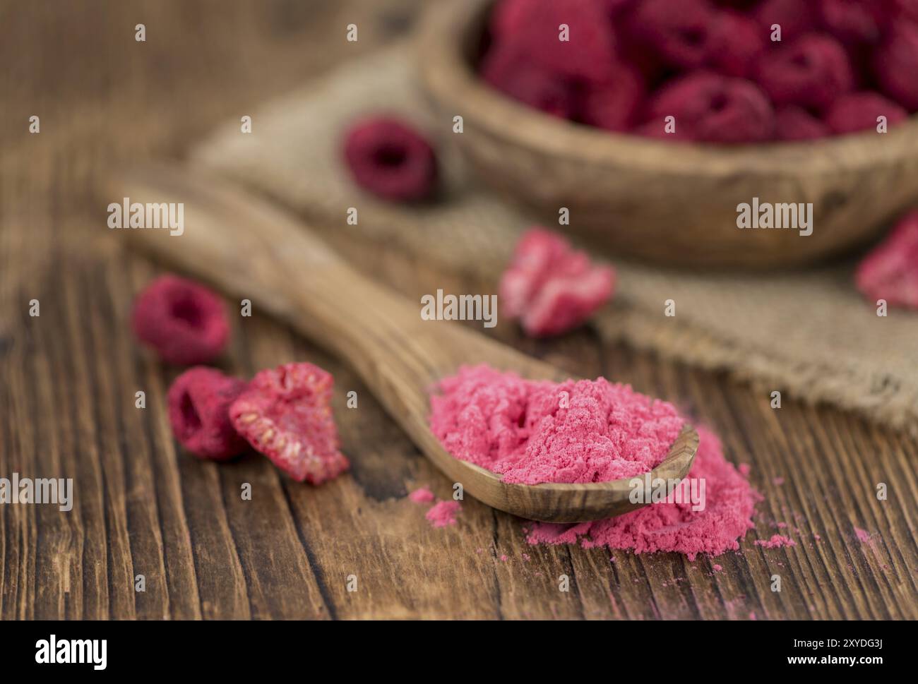 Fresh made Raspberry powder on a vintage background as detailed close ...