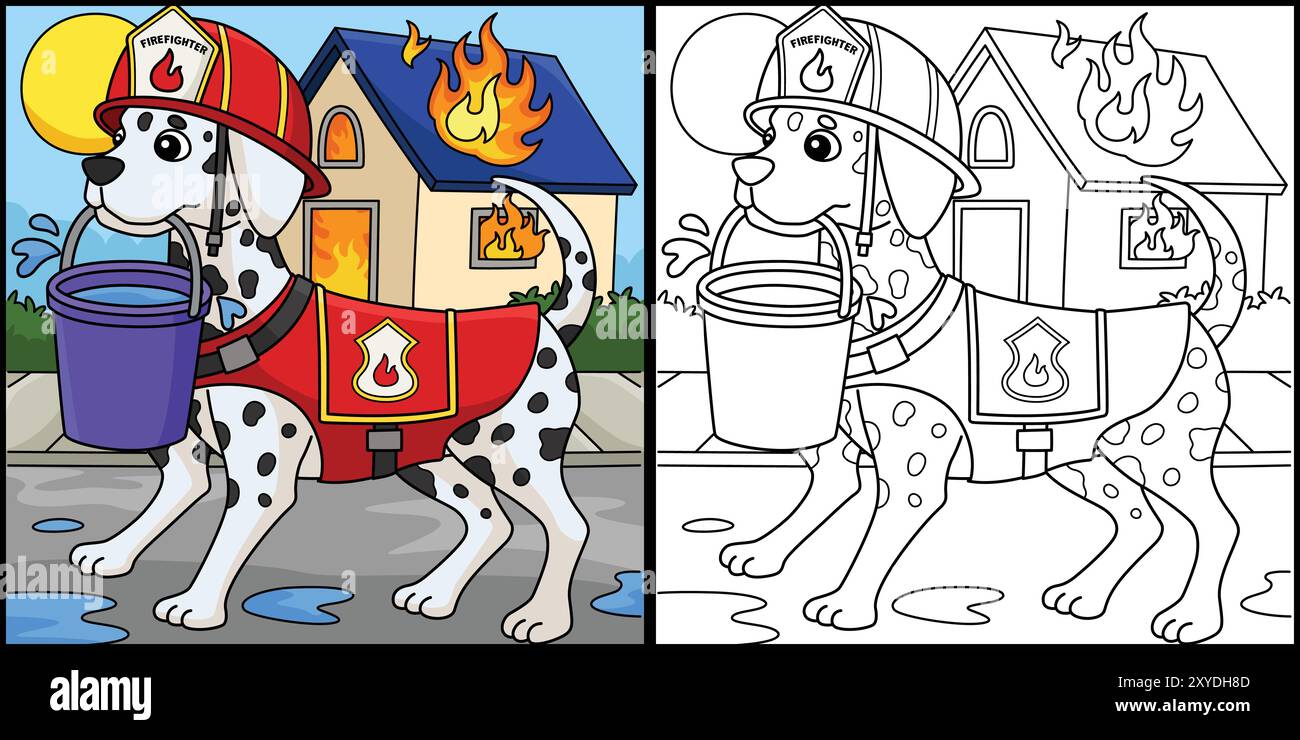 Firefighter Dog Coloring Page Colored Illustration Stock Vector Image ...