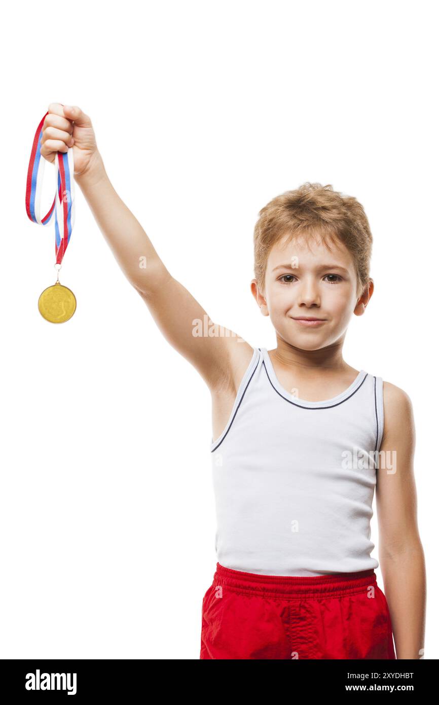 Sport success and win concept, smiling athlete champion child boy hand ...