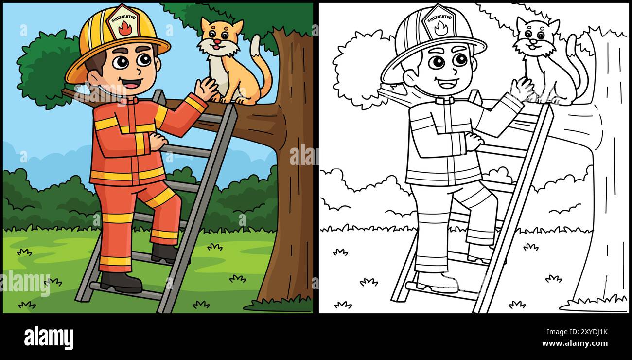 Firefighter Saving a Cat Coloring Illustration Stock Vector Image & Art ...