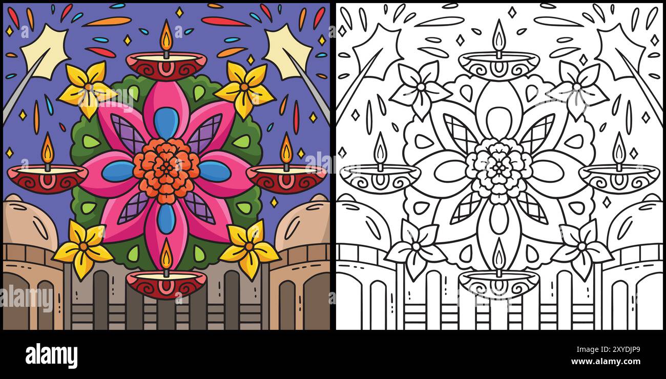 Diwali Rangoli Coloring Page Colored Illustration Stock Vector Image ...