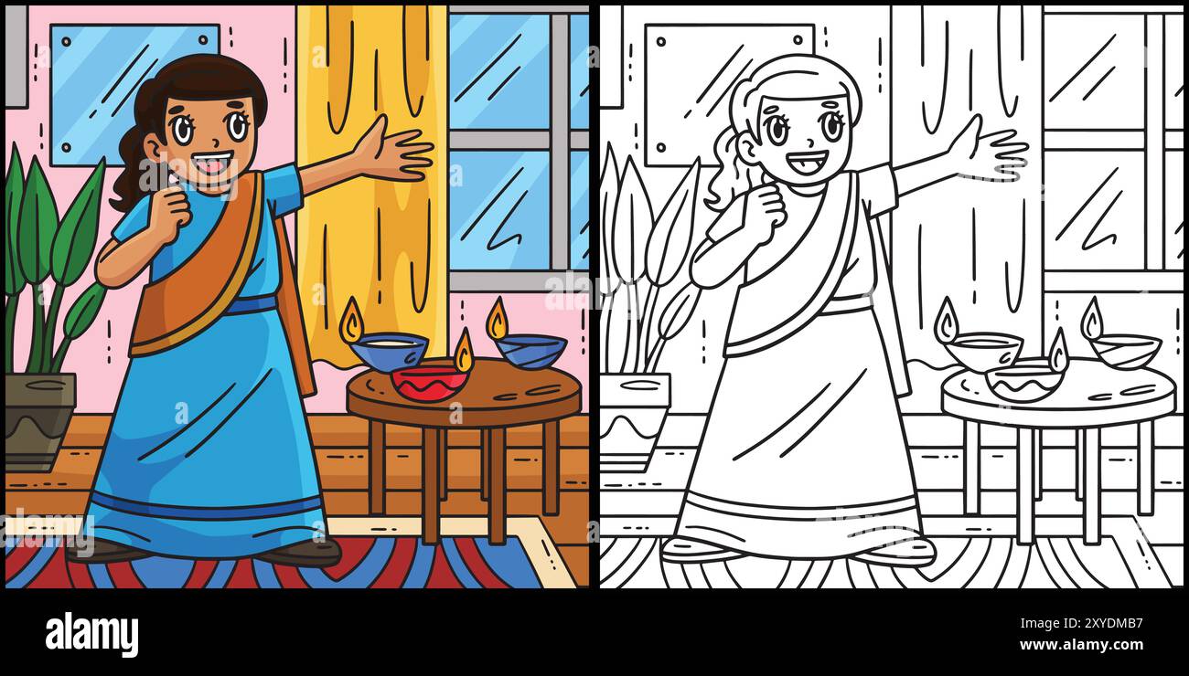 Diwali Child Singing Coloring Page Illustration Stock Vector Image ...