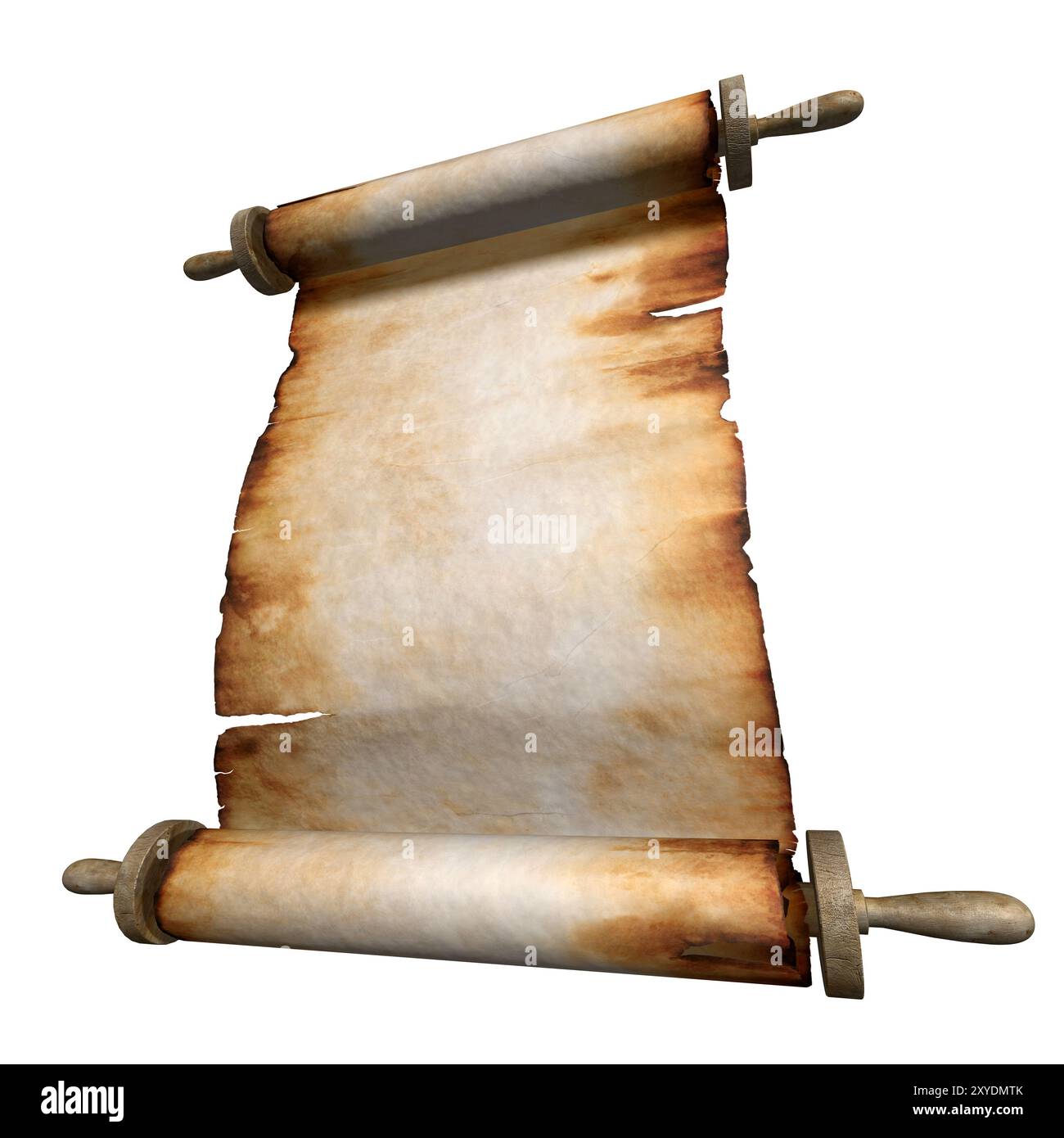 Blank unfolded roll of old yellowish parchment isolated on white ...