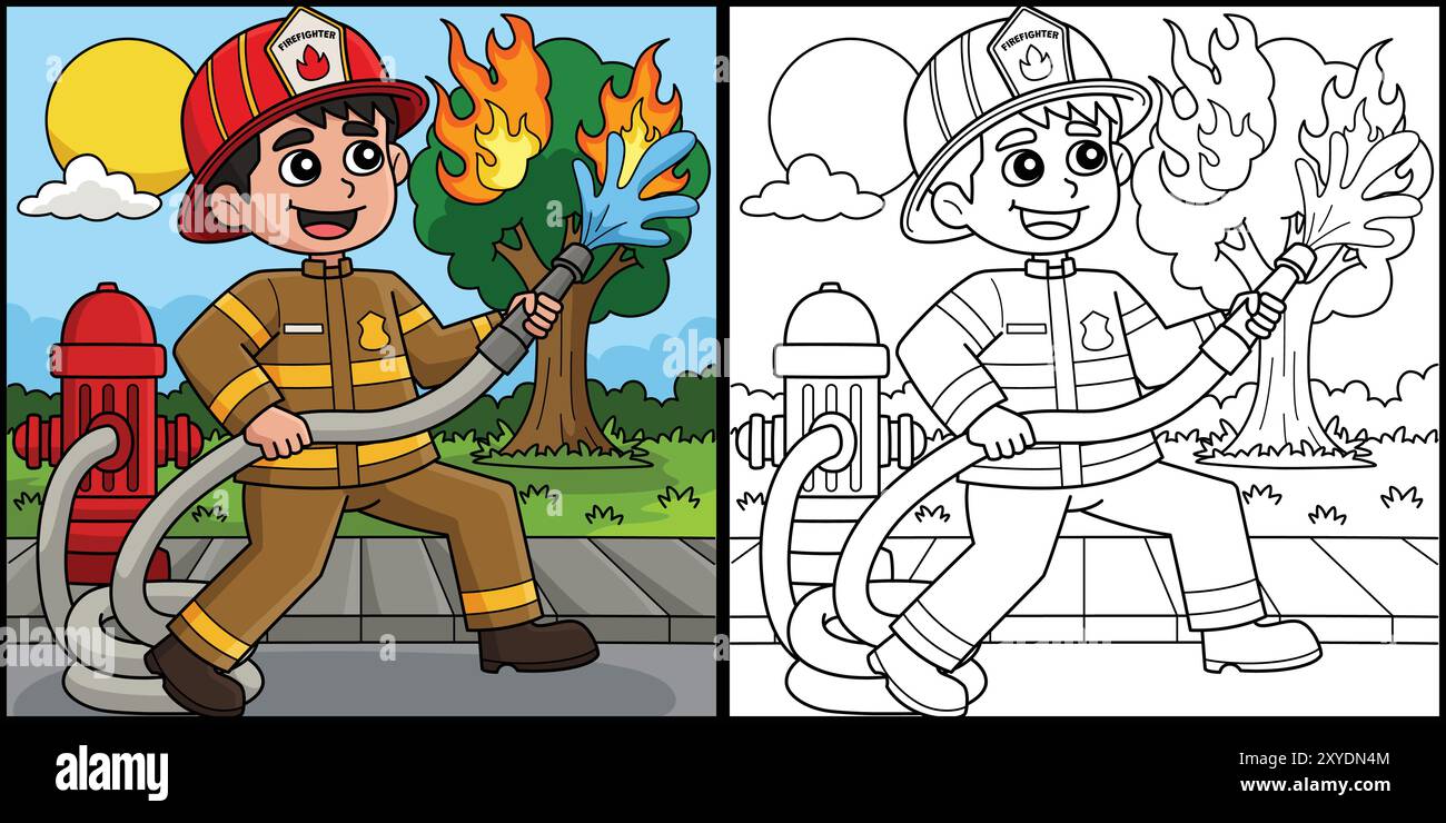 Firefighter Putting Out Fire Coloring Illustration Stock Vector Image ...