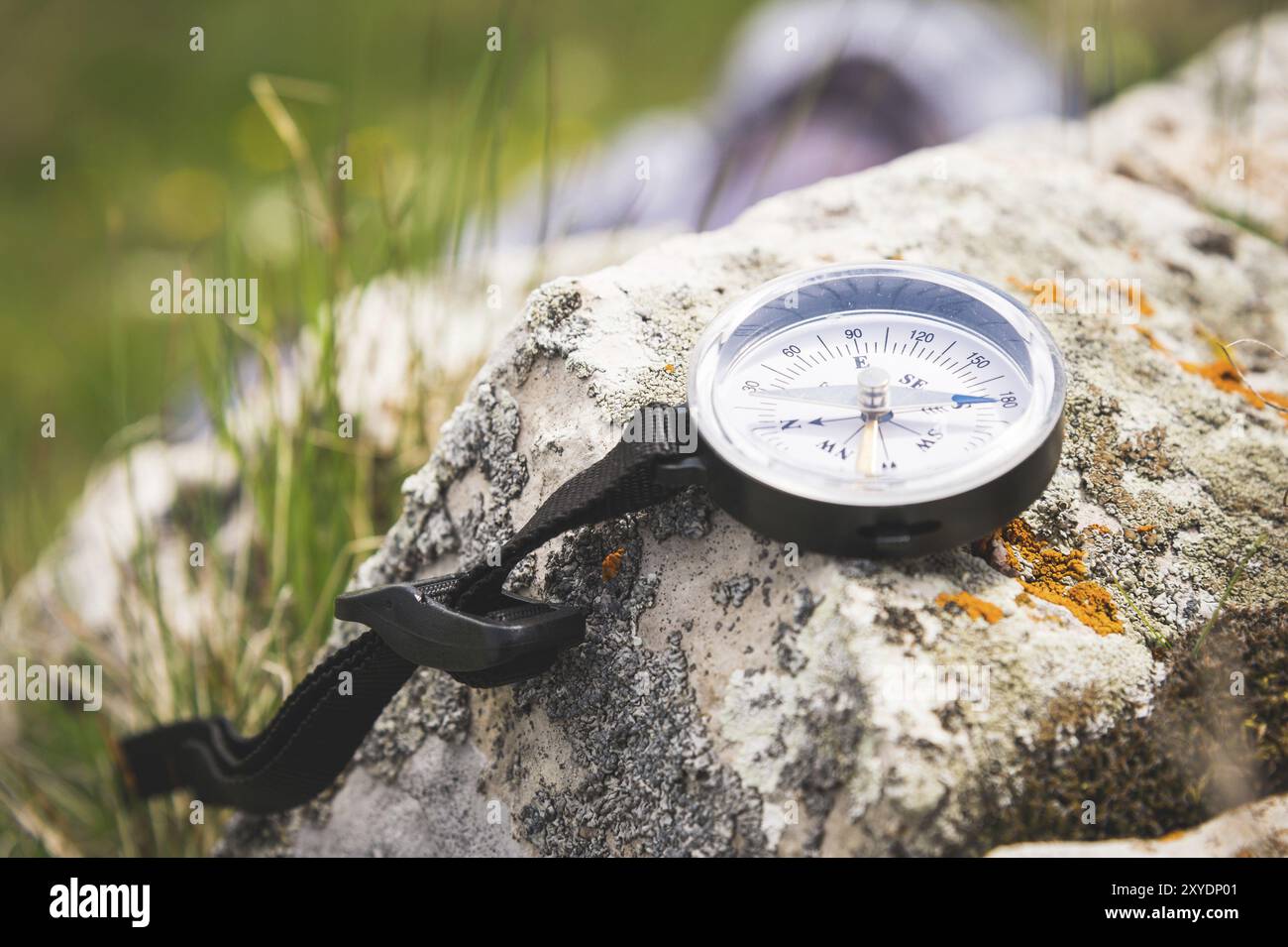 A magnetic compass lies on a stone next to the grass Stock Photo - Alamy