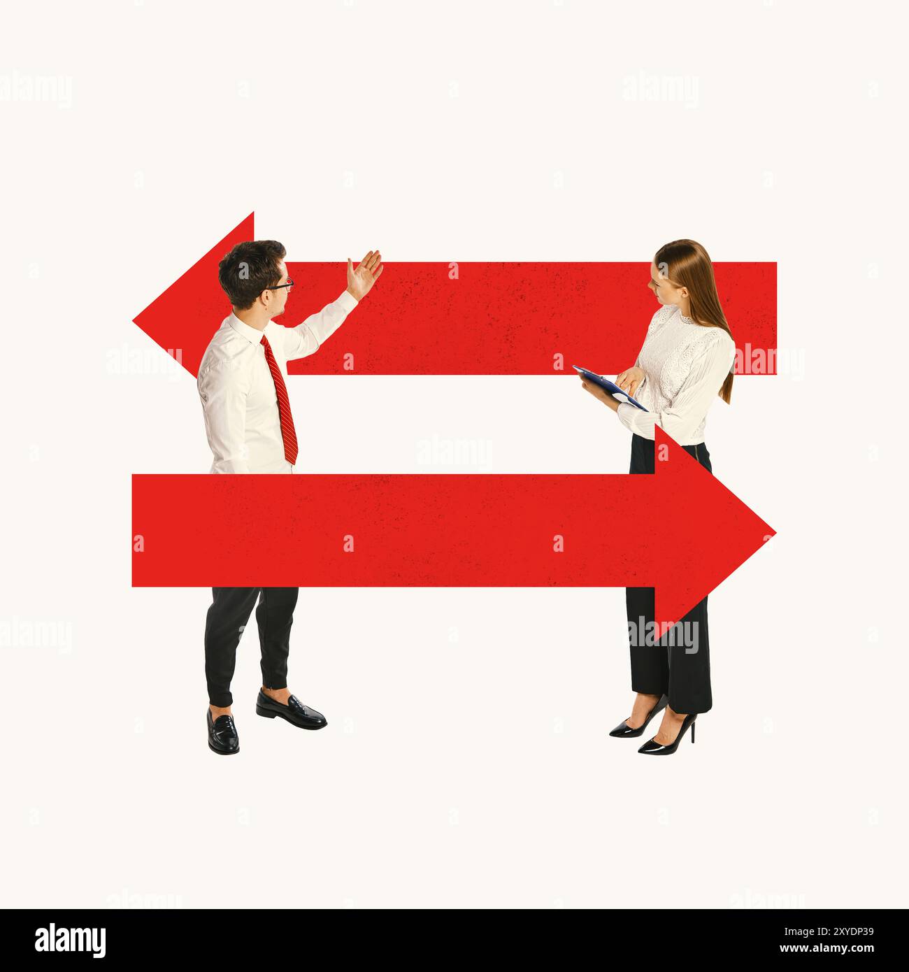 Poster. Contemporary art collage. Two professionals face opposite ...