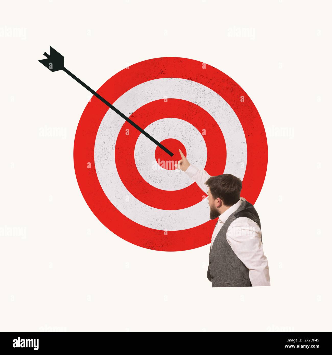 Poster. Contemporary art collage. Goals, target. Man points to arrow in ...