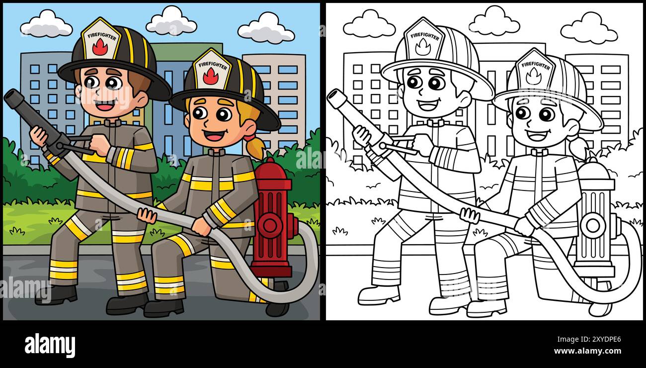 Firefighters Fire Hydrant Coloring Illustration Stock Vector Image ...