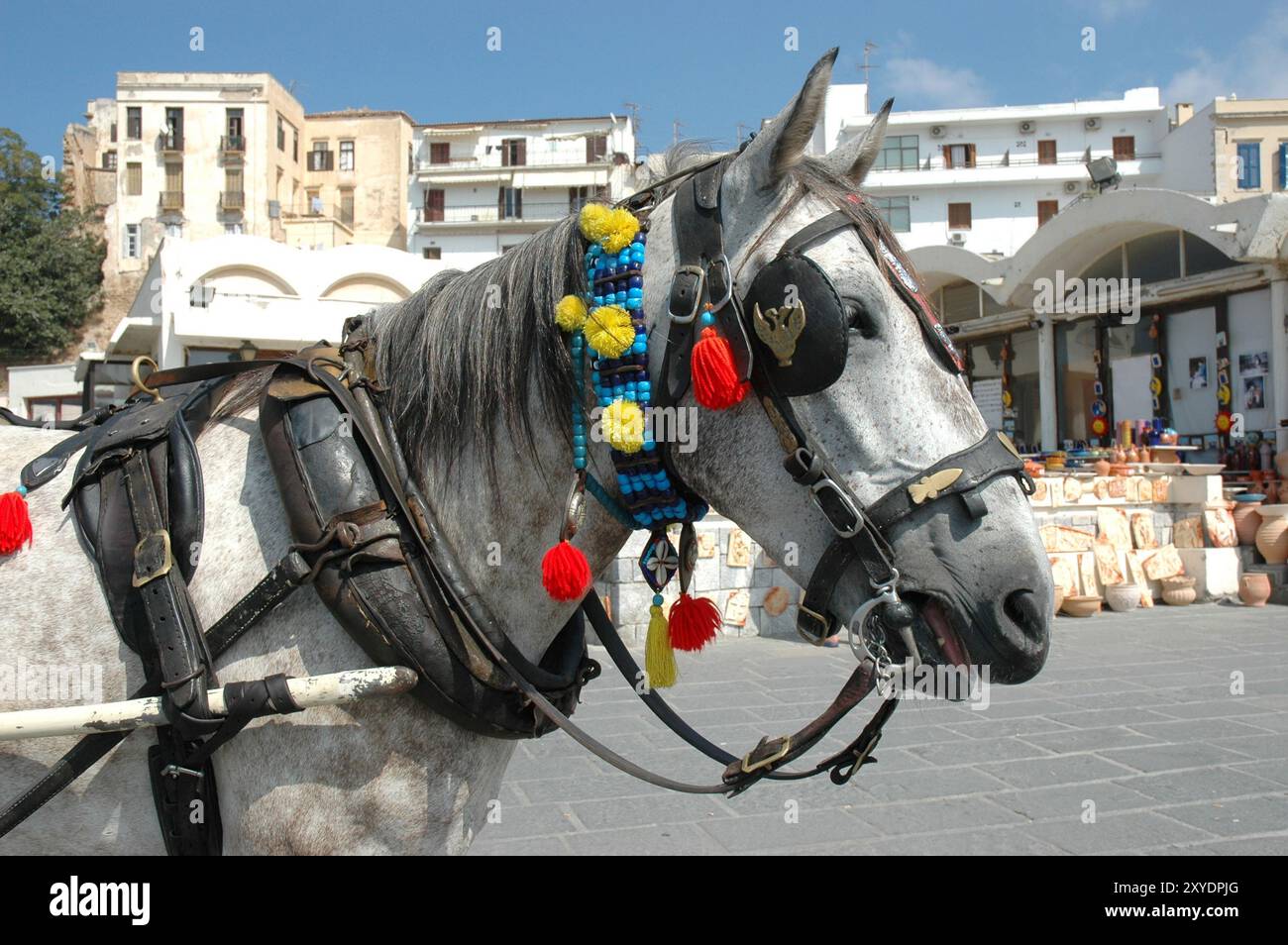 A horse-drawn carriage waits for guests at the port of Chania. The ...