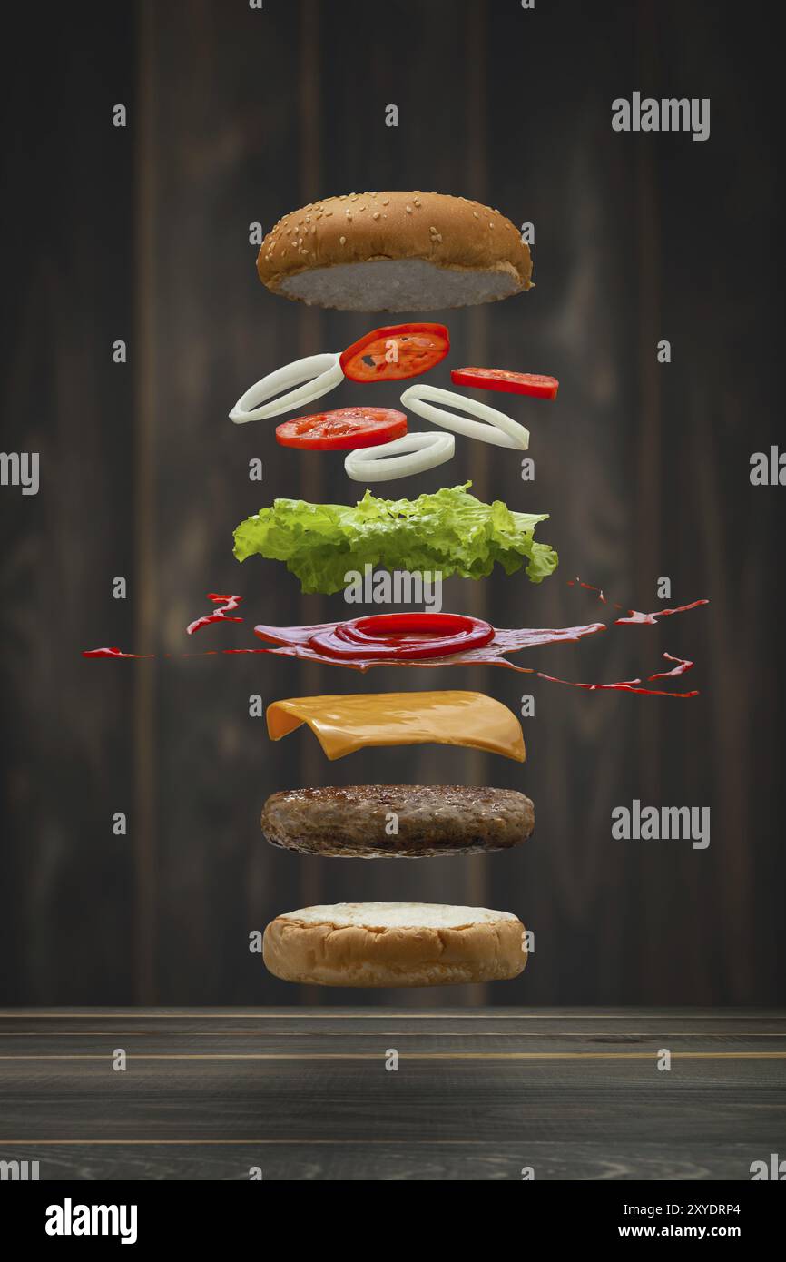 Tasty grilled beef Burger food Floating, food flying style Stock Photo ...