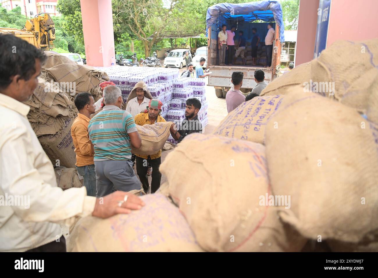 Laborers are carrying packets of food and stacking them in a truck as ...