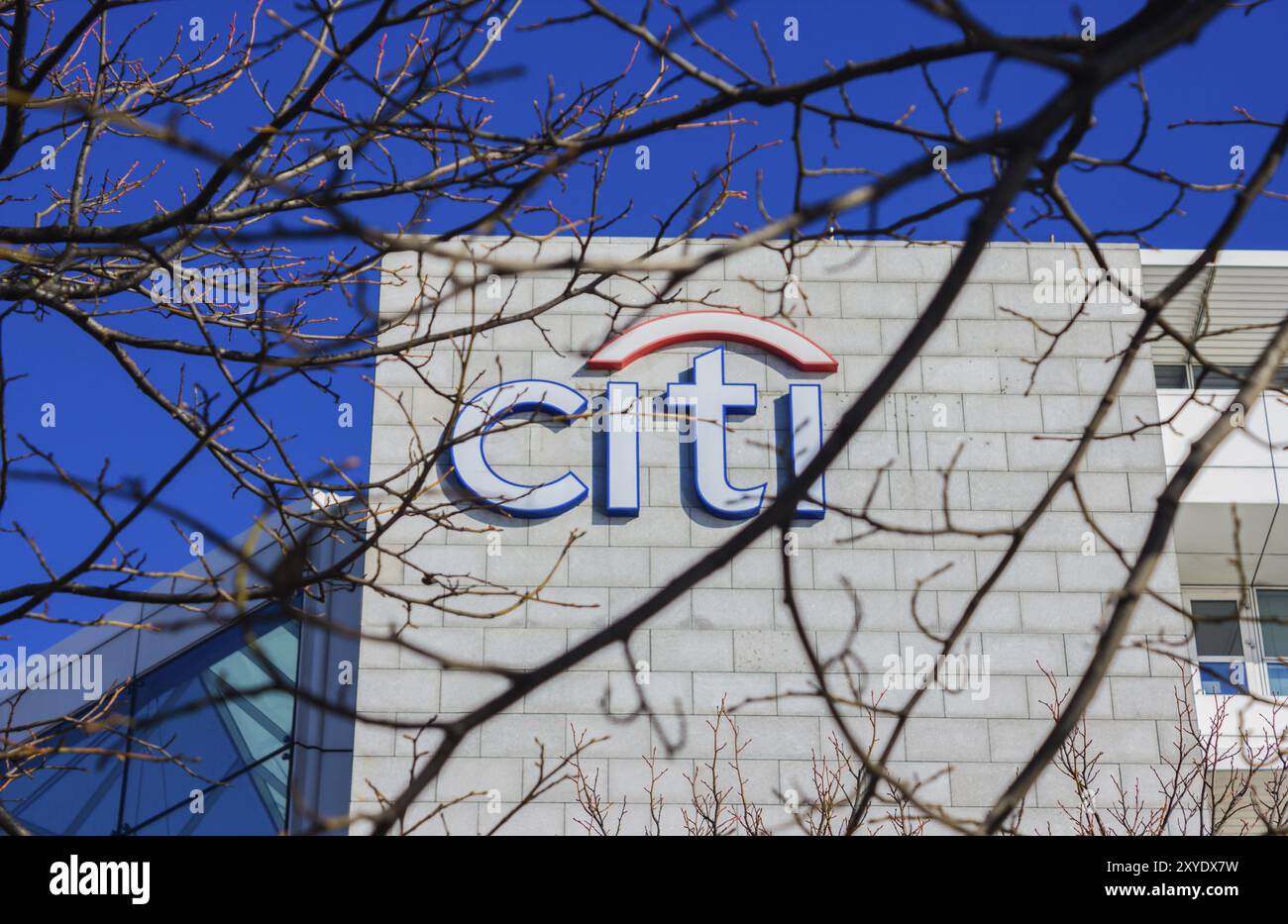 A picture of the Citibank logo on display in a building as seen from ...