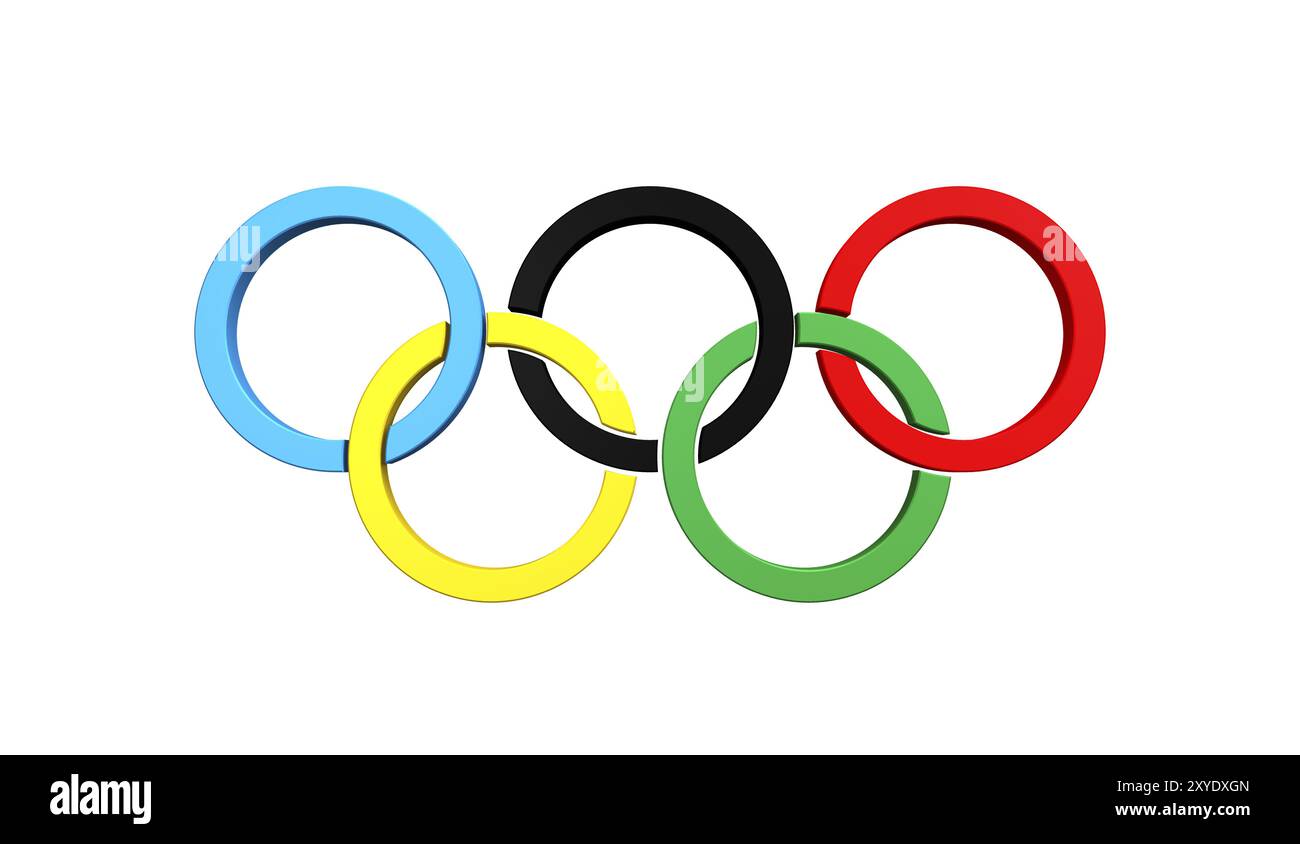 Olympic rings symbol over Blue sky background conceptual 3D ...
