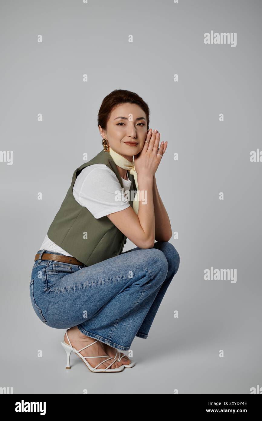 A stylish Asian woman wearing a green vest and a neck scarf poses in a ...