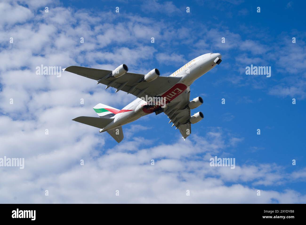 Emirates Airlines Airbus A380 departing above into a clear blue sky ...