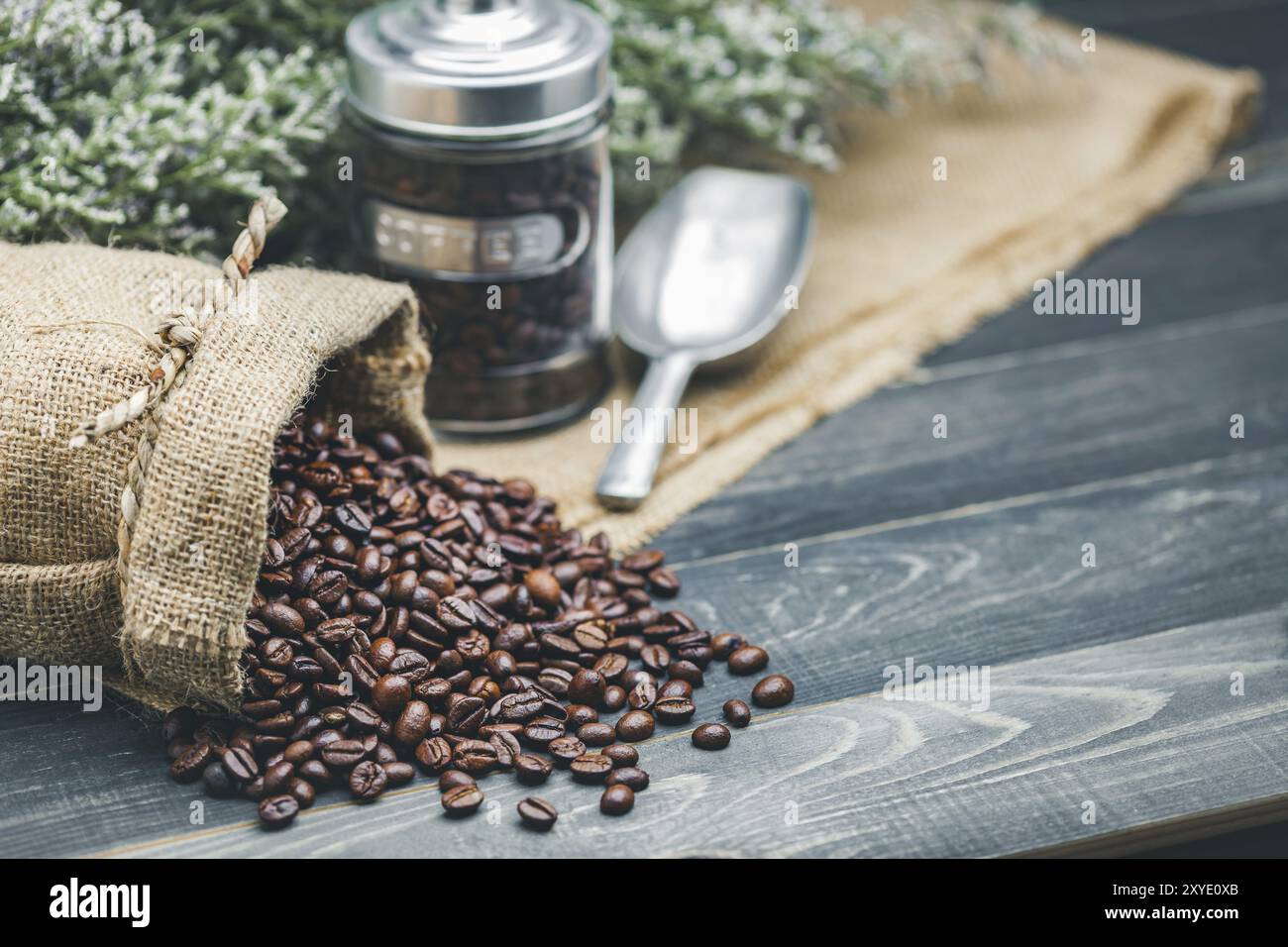 Coffee beans, bag with scoop and jar of coffee beans. modern vintage ...