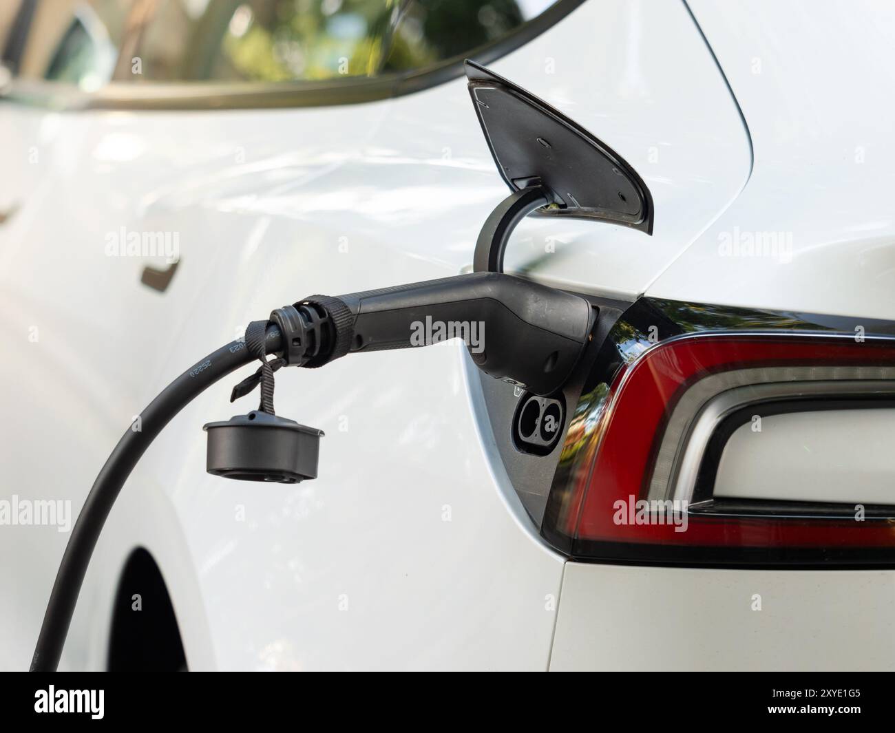 Electric car with a charging plug. BEV connected to a charger with a ...
