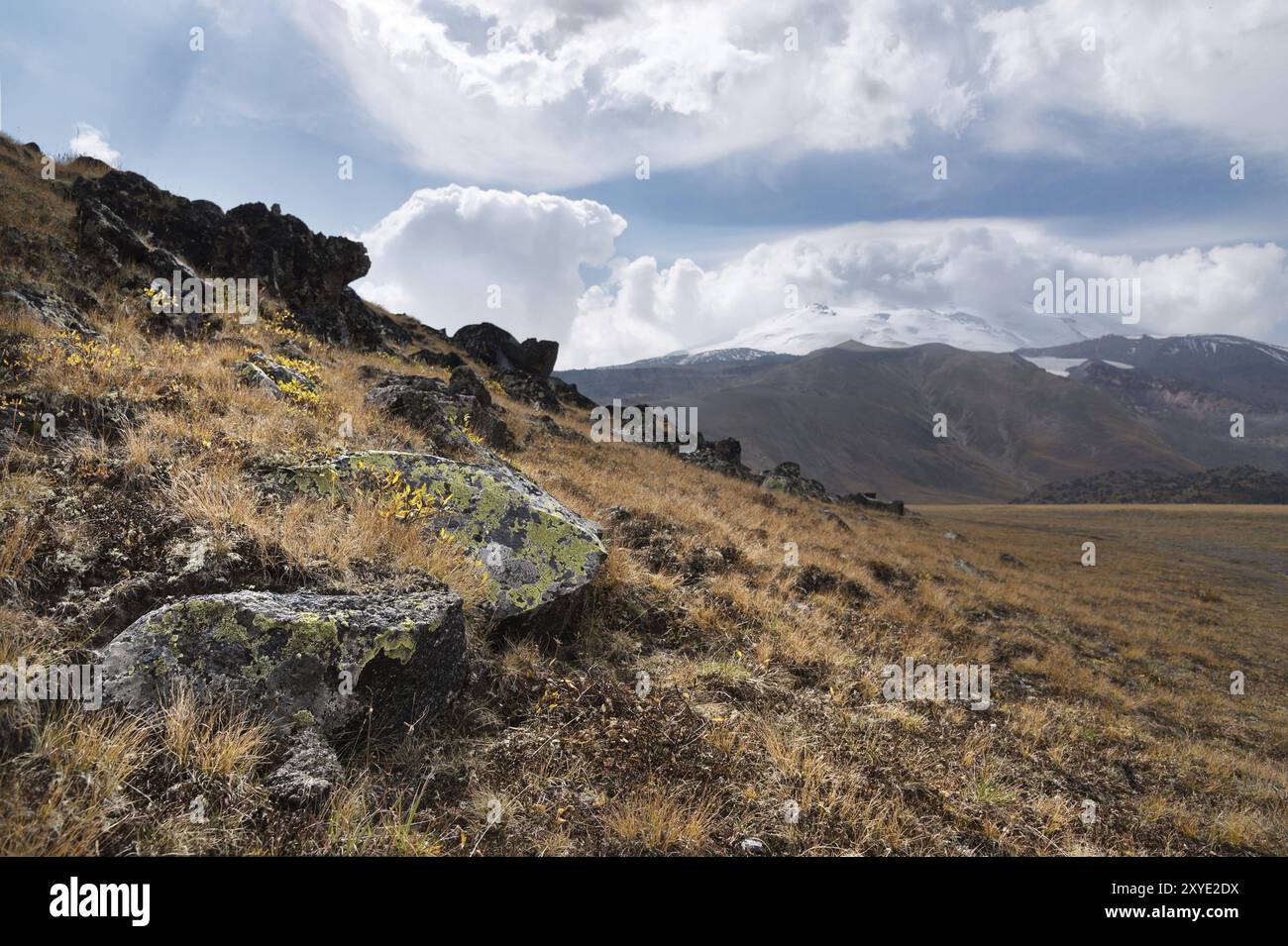 View of the extinct volcano Elbrus from the German airfield. The top of ...