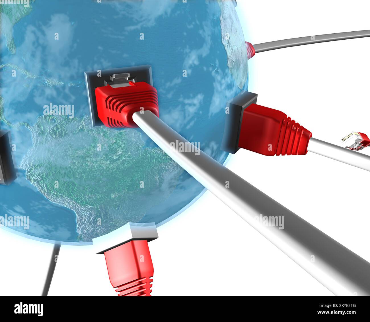 Conceptual 3D illustration of many network cable connectors plugging ...
