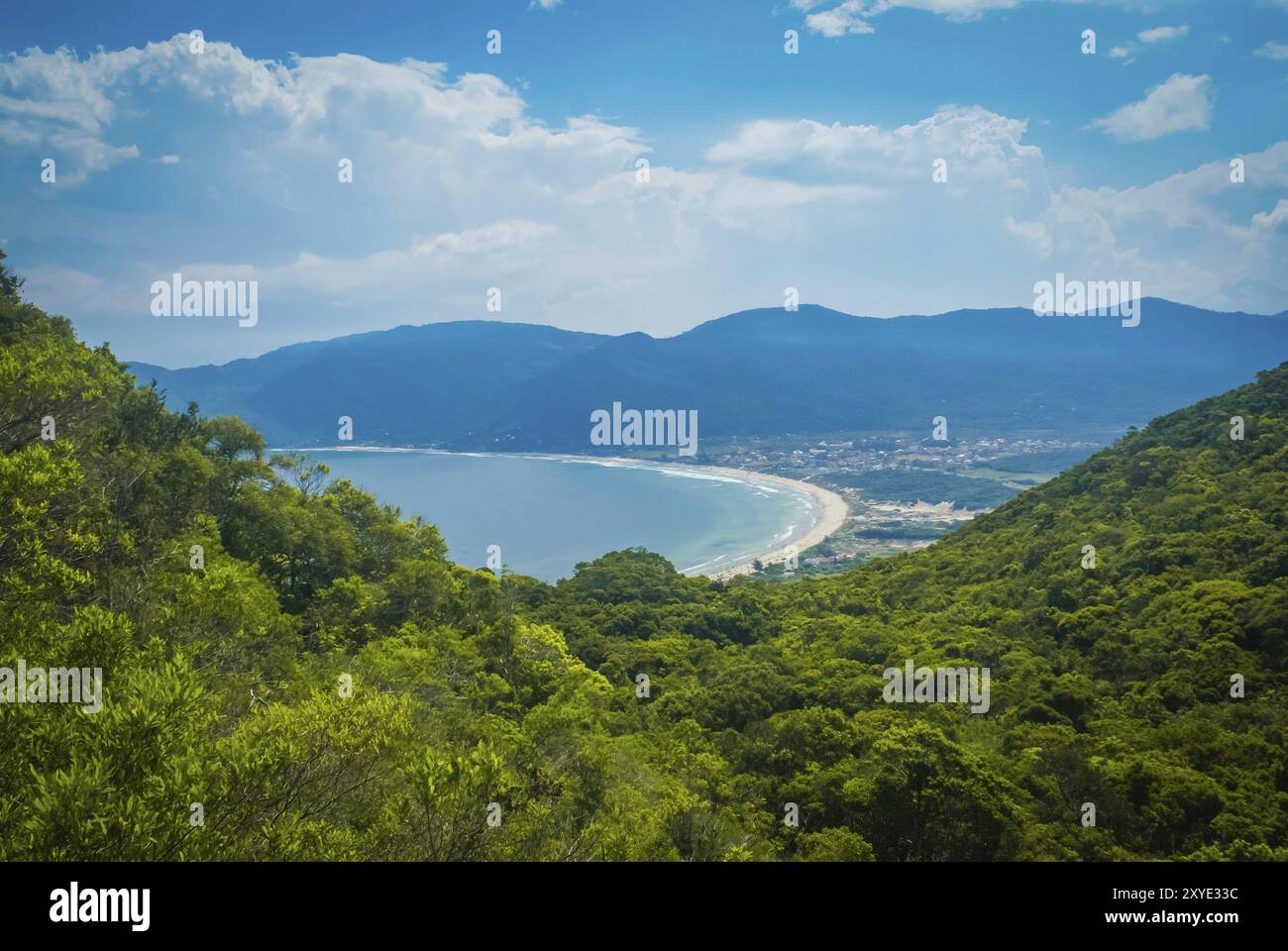 Scenic view of greenery and coast near sea in distance in Florianopolis ...