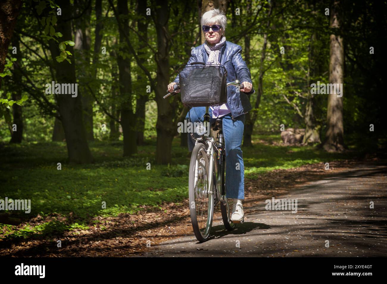 Senior citizen riding her bike on a forest path Stock Photo - Alamy