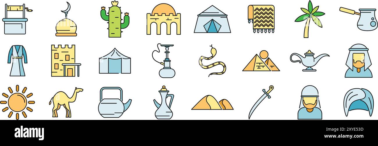 Set of arabic culture icons featuring traditional objects and clothing ...
