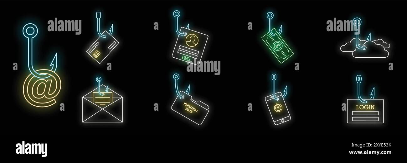 Neon icon set representing different types of phishing with login data ...