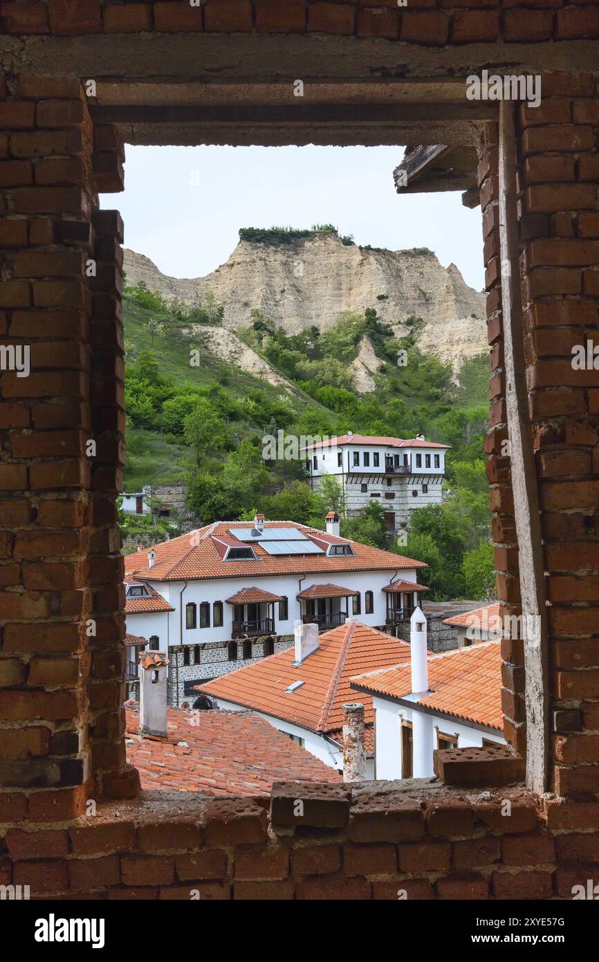 Aerial window view with traditional bulgarian houses n Melnik, Bulgaria ...