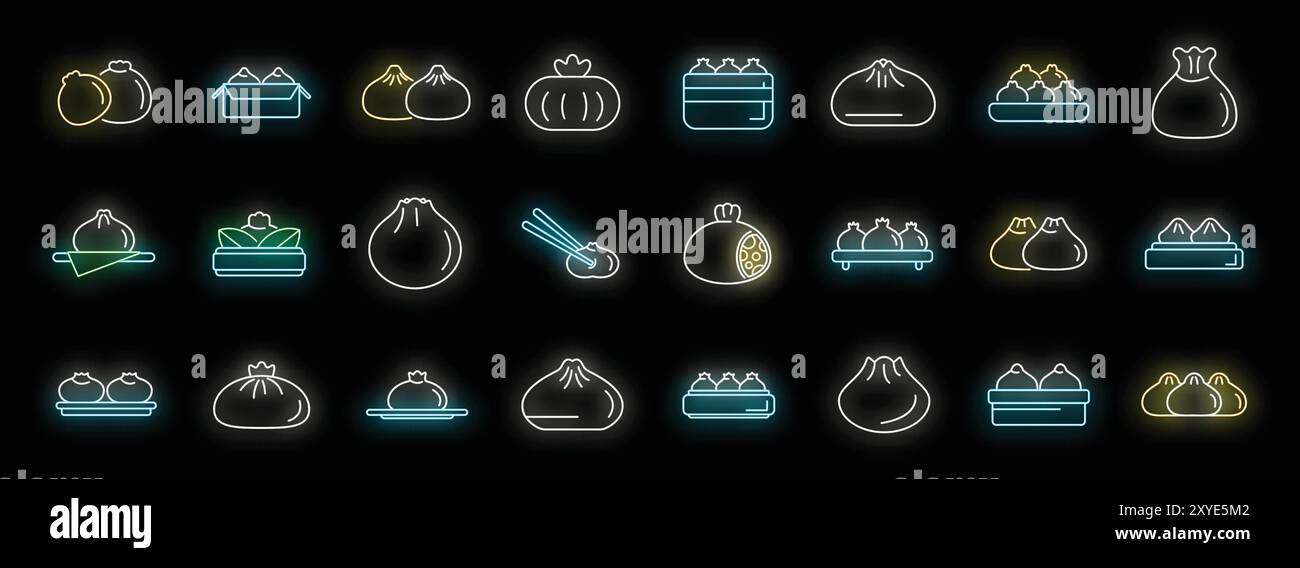 Neon icons representing different types of dumplings, a popular food in ...