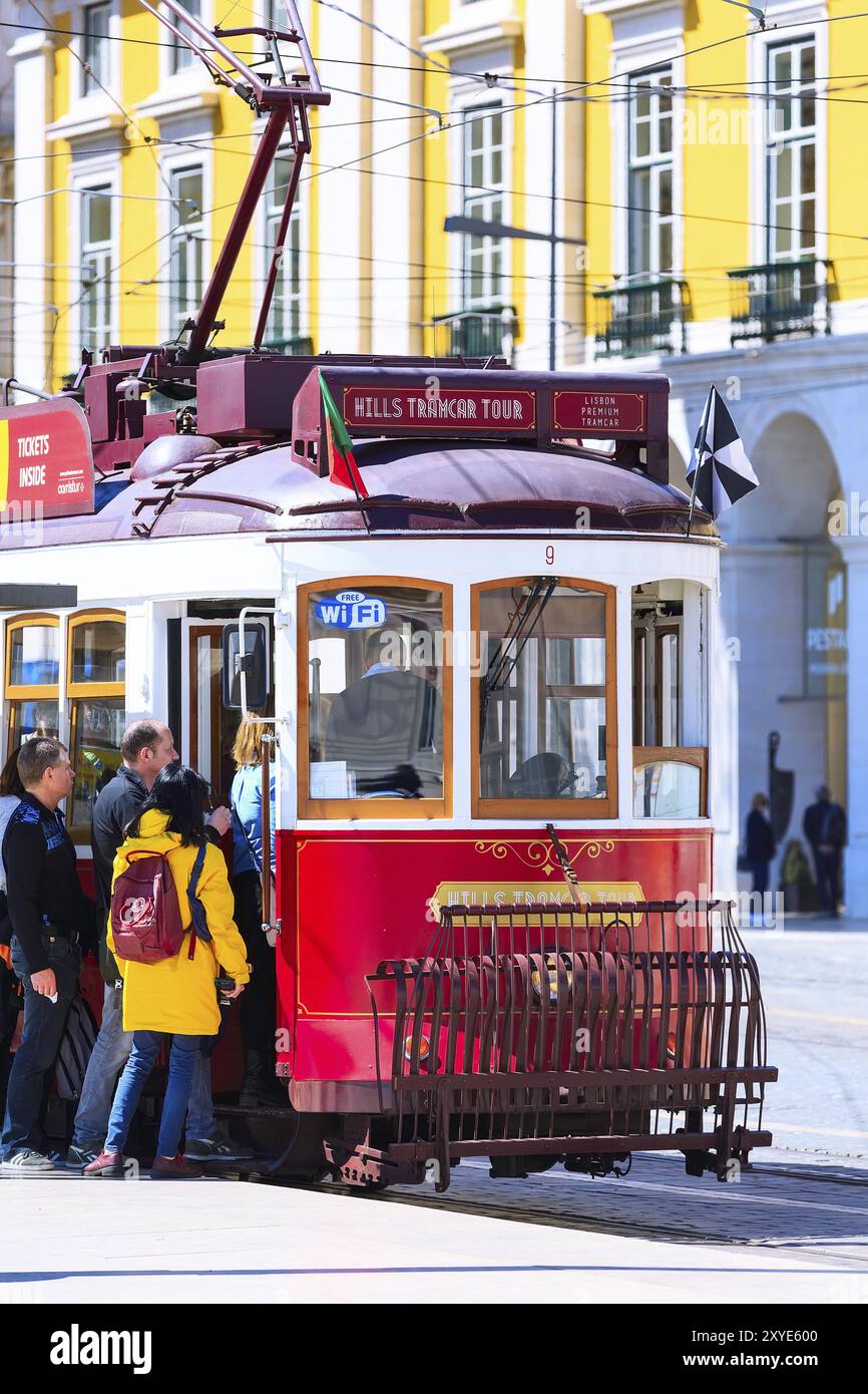 Lisbon, Portugal, March 27, 2018: Red tourist tram, symbol of Lisbon ...