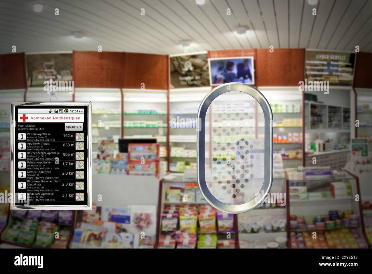 Pharmacy with an intercom system and emergency service plan Stock Photo ...