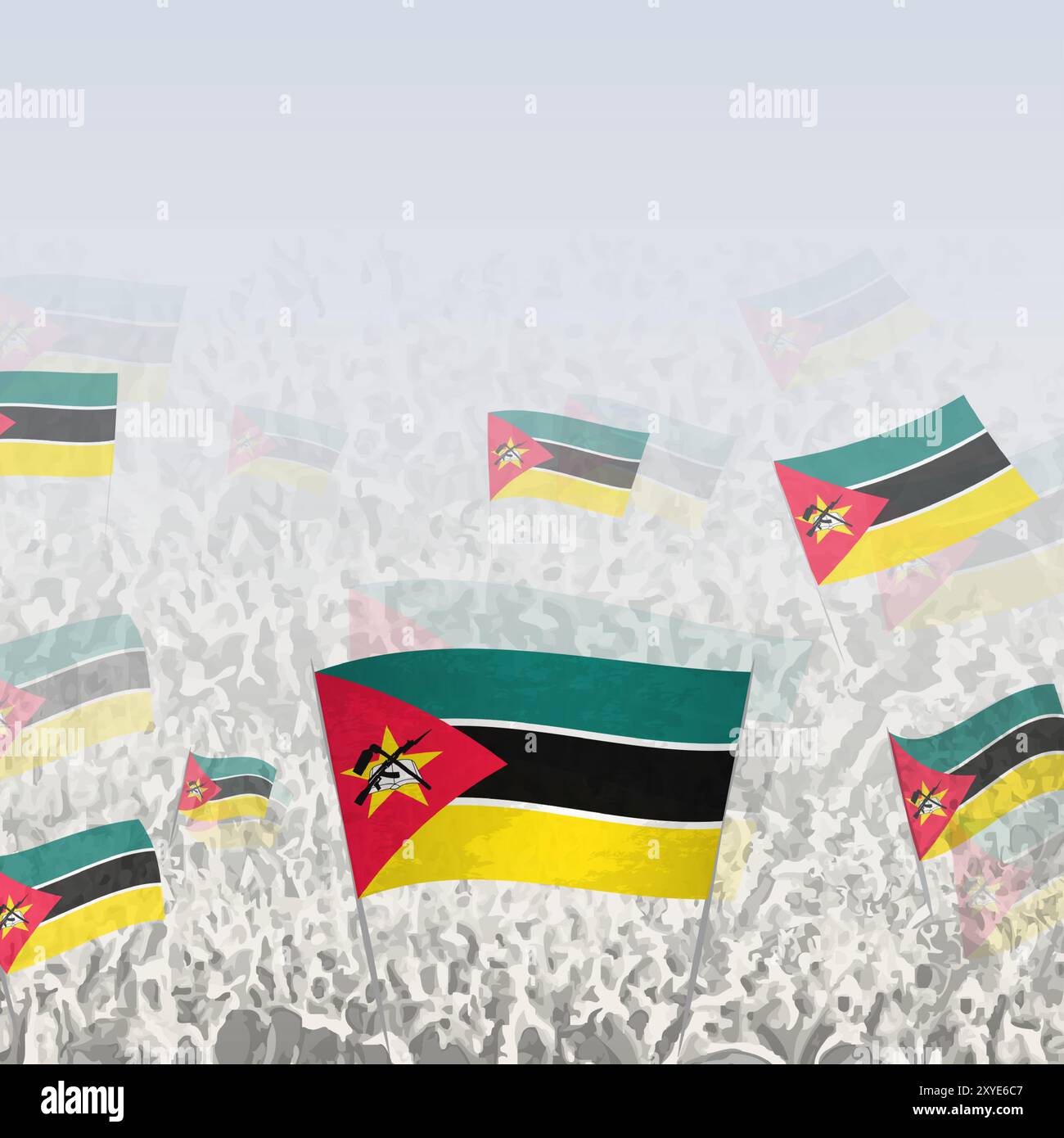 Crowd of people waving flag of Mozambique square graphic for social media and news. Vector ...