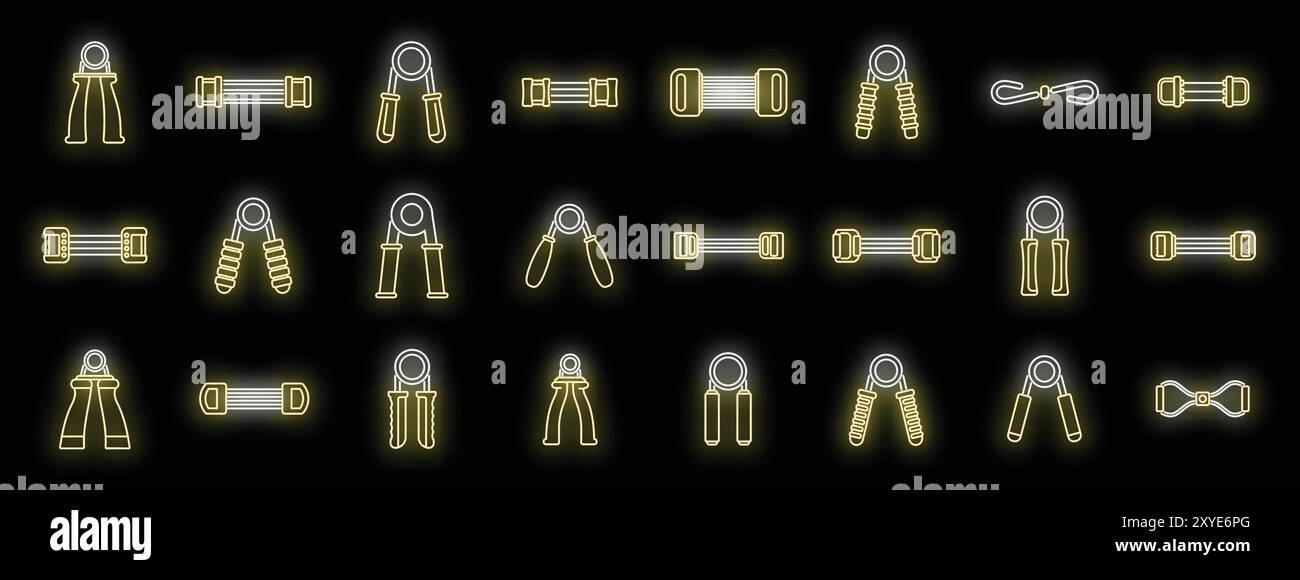 Neon icons of different hand grippers showing variety of equipment for ...