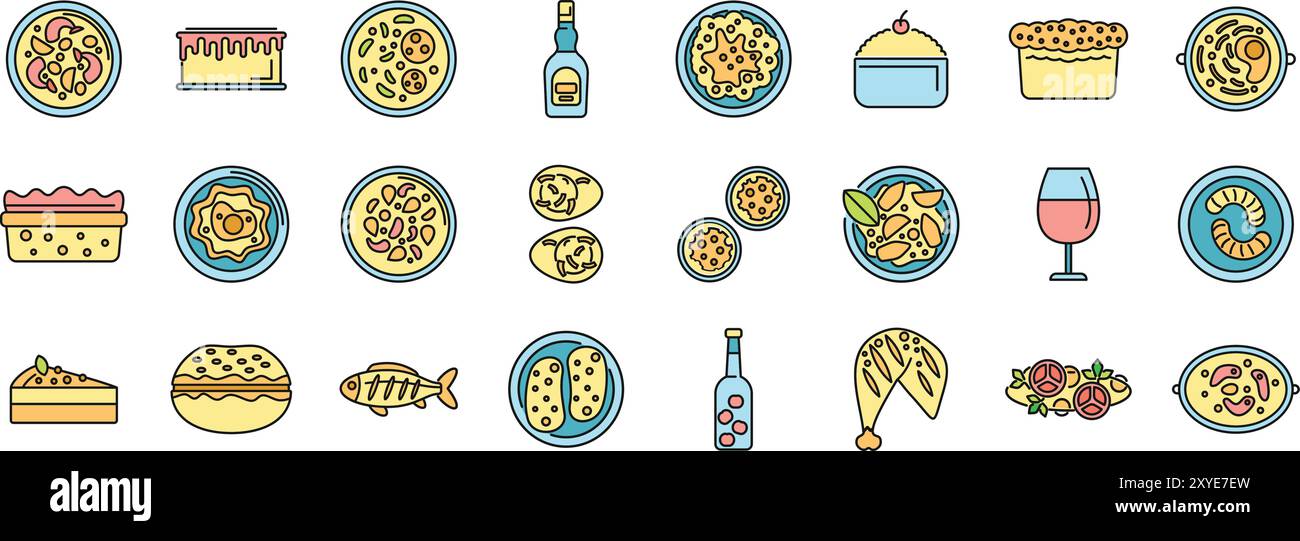 Set of colorful icons representing people enjoying various types of ...