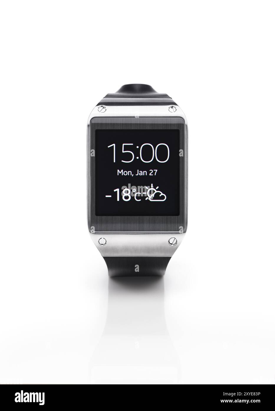 Samsung Galaxy Gear smartwatch showing time and weather. Isolated watch ...