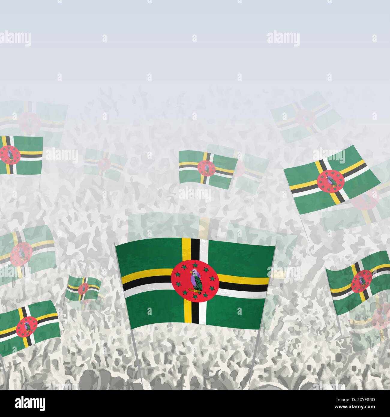 Crowd of people waving flag of Dominica square graphic for social media and news. Vector ...