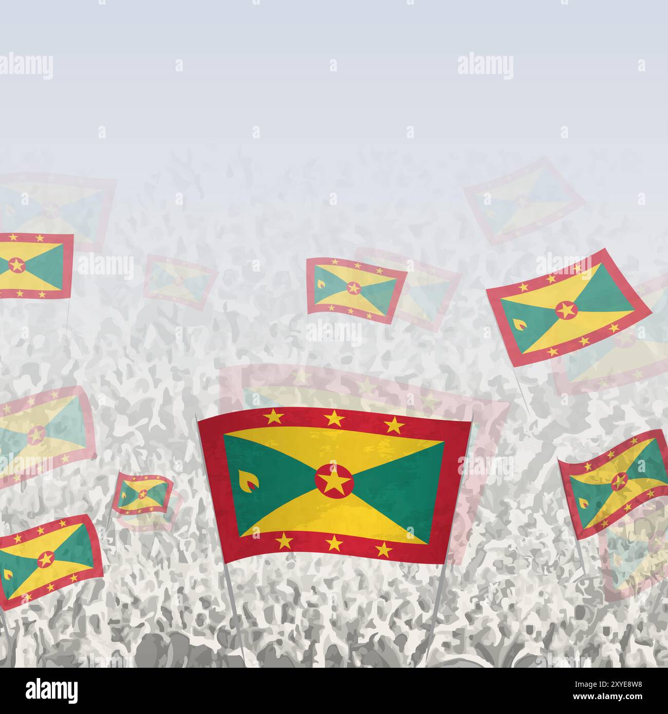 Crowd of people waving flag of Grenada square graphic for social media and news. Vector ...