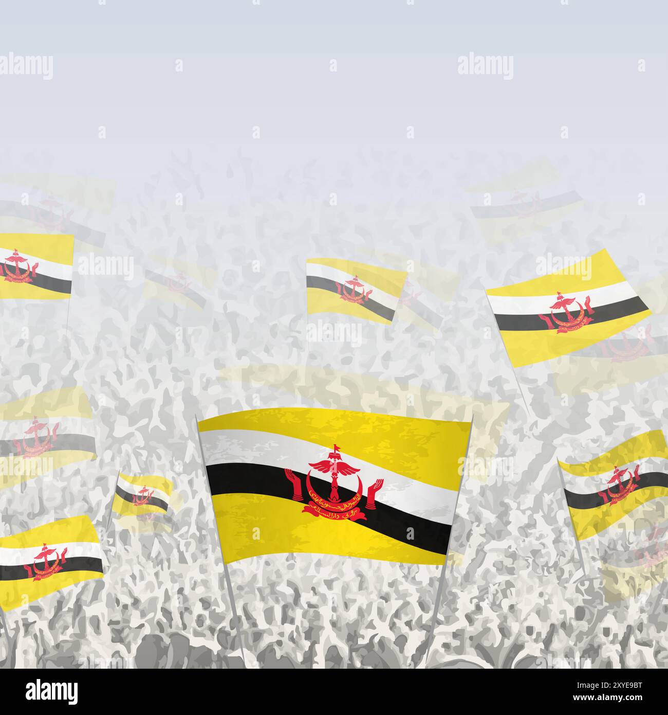 Crowd of people waving flag of Brunei square graphic for social media and news. Vector ...