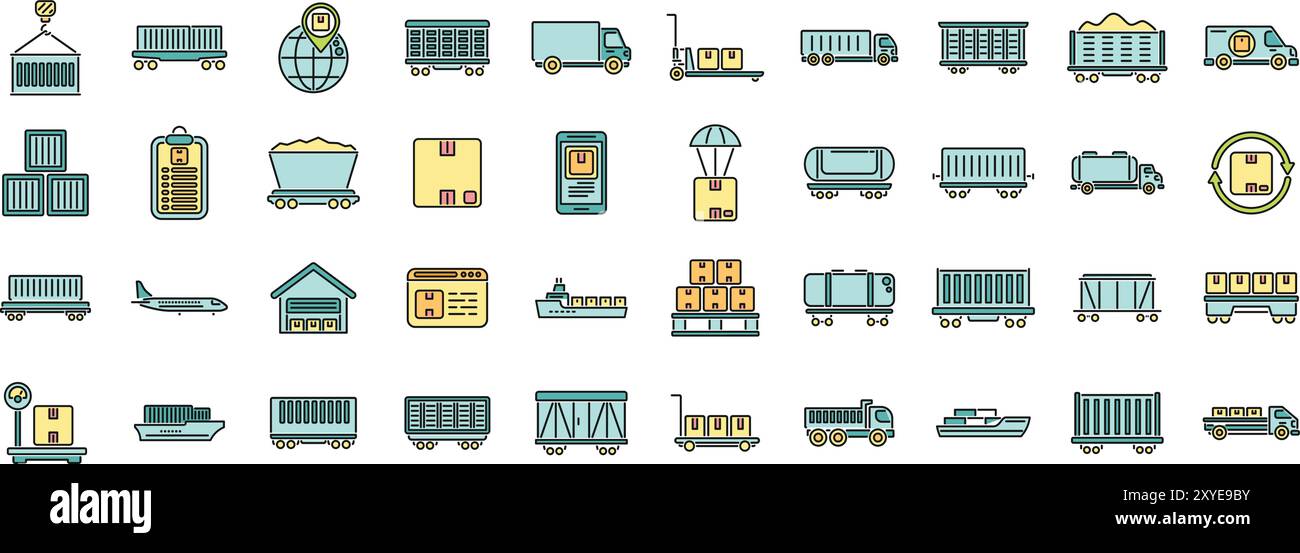 Set of colorful icons representing logistics and delivery with trucks ...