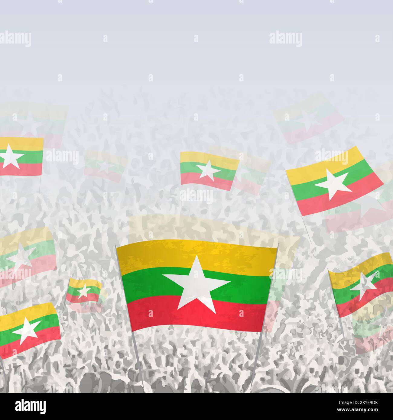 Crowd of people waving flag of Myanmar square graphic for social media and news. Vector ...
