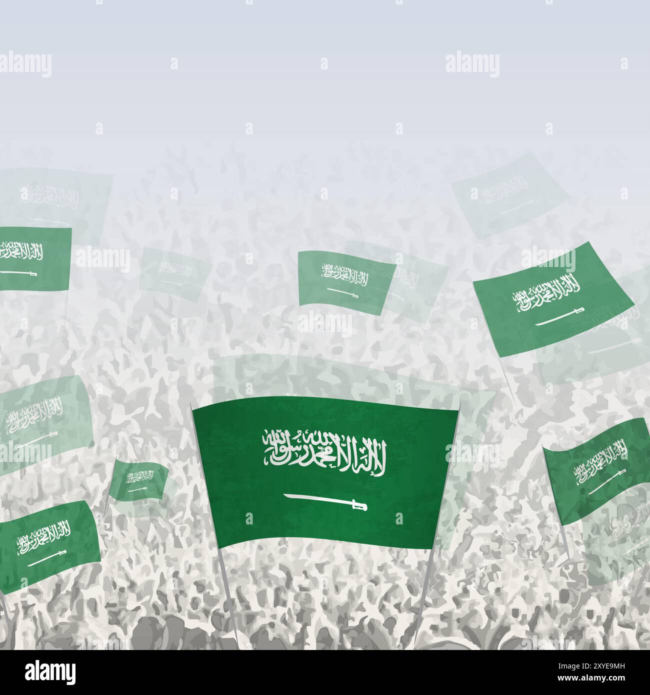 Crowd of people waving flag of Saudi Arabia square graphic for social media and news. Vector ...